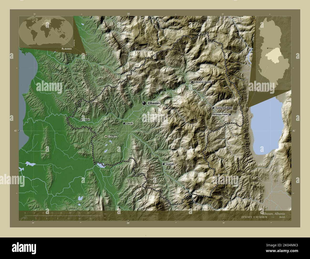 Elbasan, county of Albania. Elevation map colored in wiki style with lakes and rivers. Locations ...