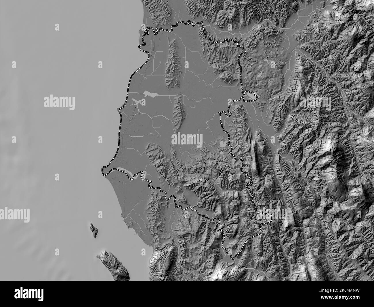Fier, county of Albania. Bilevel elevation map with lakes and rivers ...