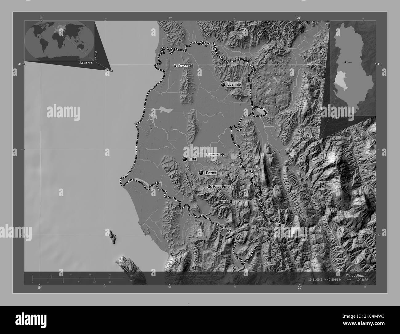 Fier, county of Albania. Bilevel elevation map with lakes and rivers ...