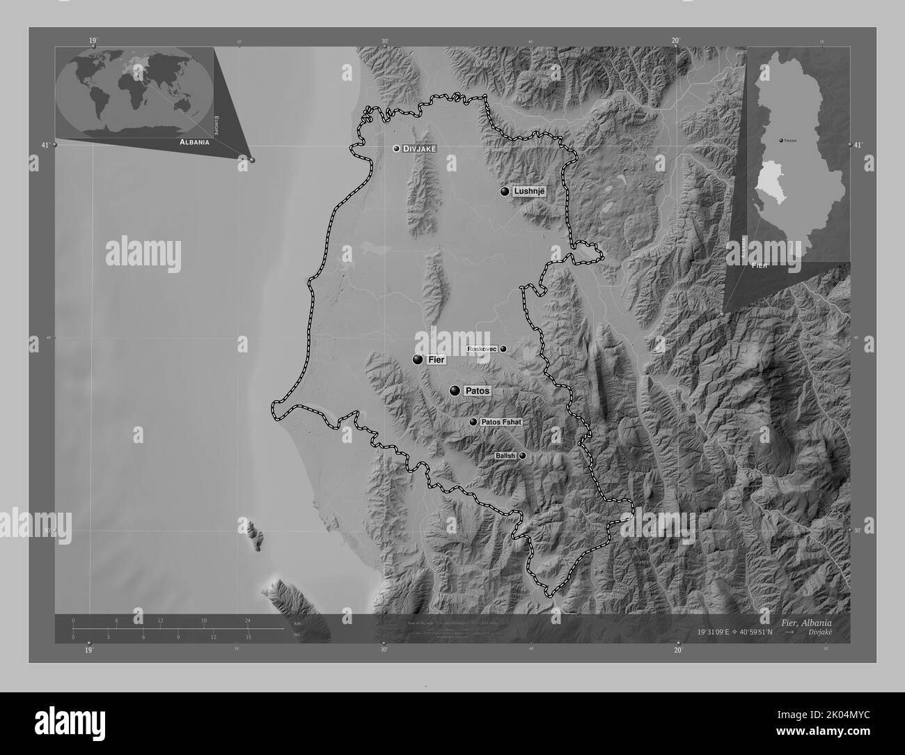 Fier, county of Albania. Grayscale elevation map with lakes and rivers ...