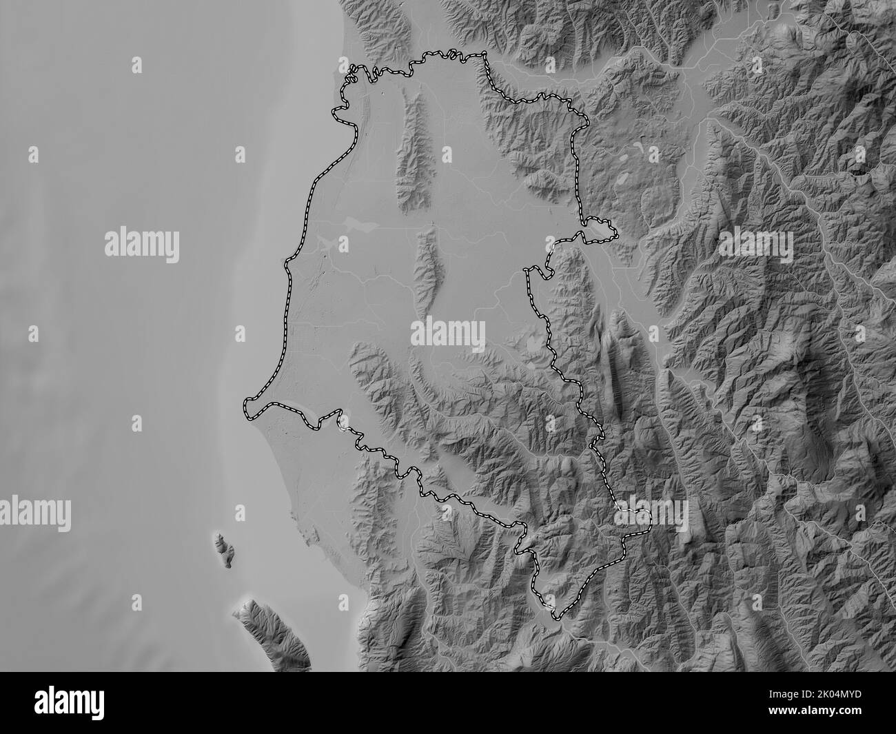Fier, county of Albania. Grayscale elevation map with lakes and rivers ...