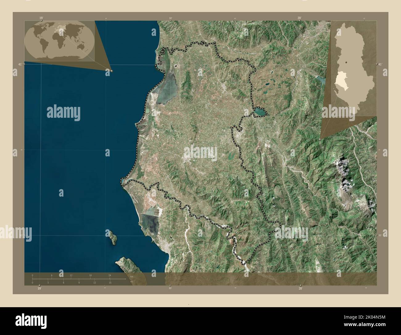 Fier, county of Albania. High resolution satellite map. Corner ...