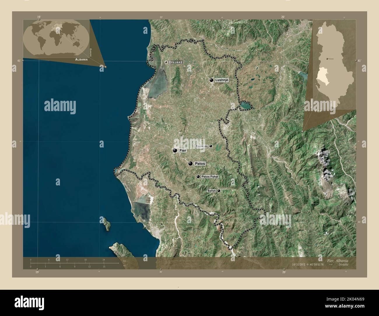 Fier, county of Albania. High resolution satellite map. Locations and names of major cities of ...
