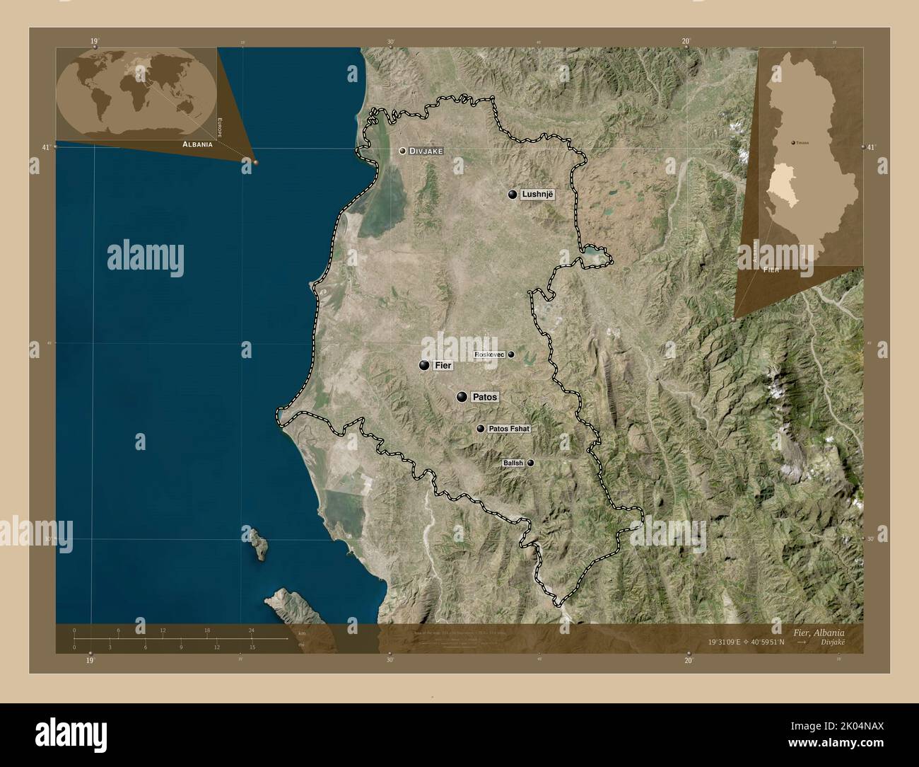 Fier, county of Albania. Low resolution satellite map. Locations and names of major cities of ...