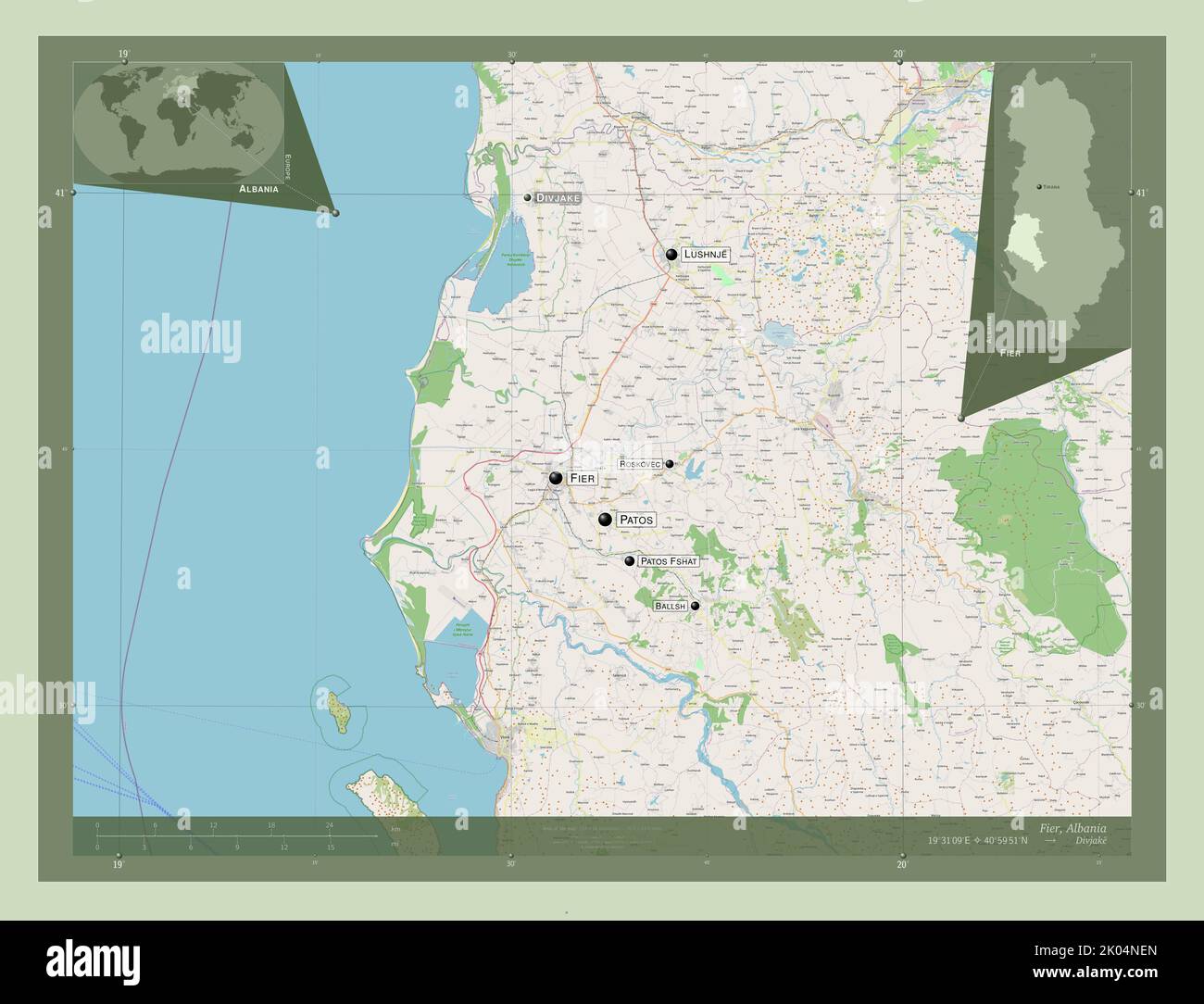 Fier, county of Albania. Open Street Map. Locations and names of major ...