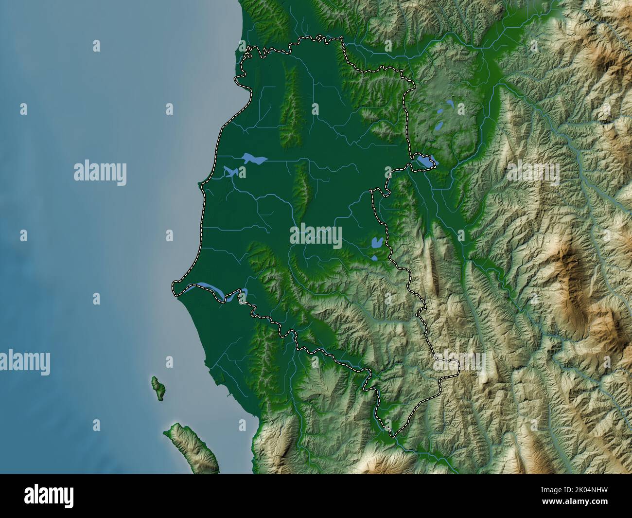 Fier, county of Albania. Colored elevation map with lakes and rivers Stock Photo - Alamy