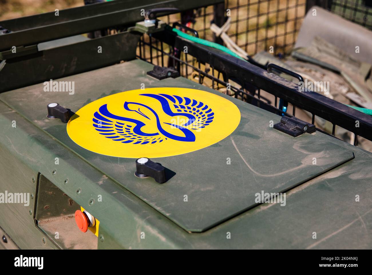 The emblem of the Zhuravel robot is seen on board. Field tests of ...