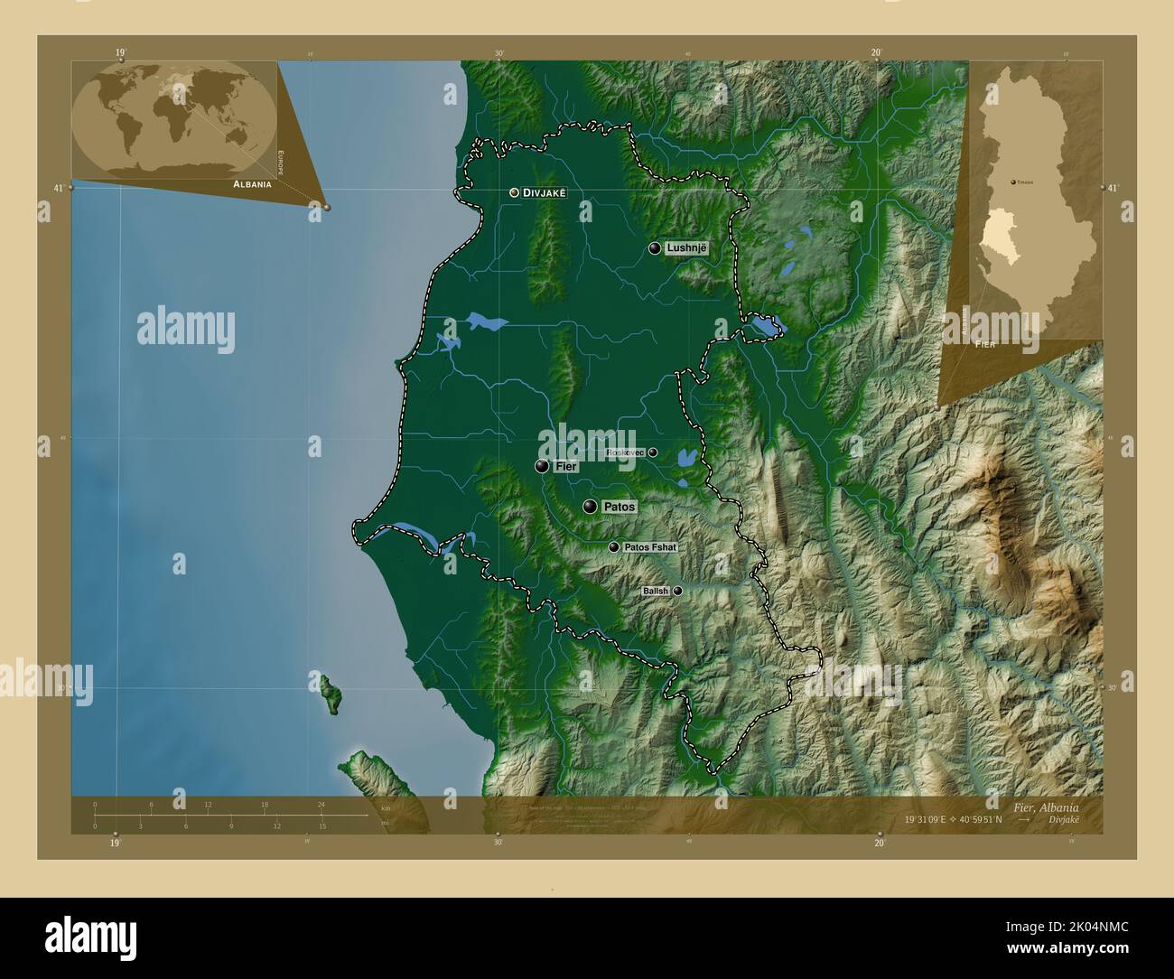 Fier, county of Albania. Colored elevation map with lakes and rivers ...