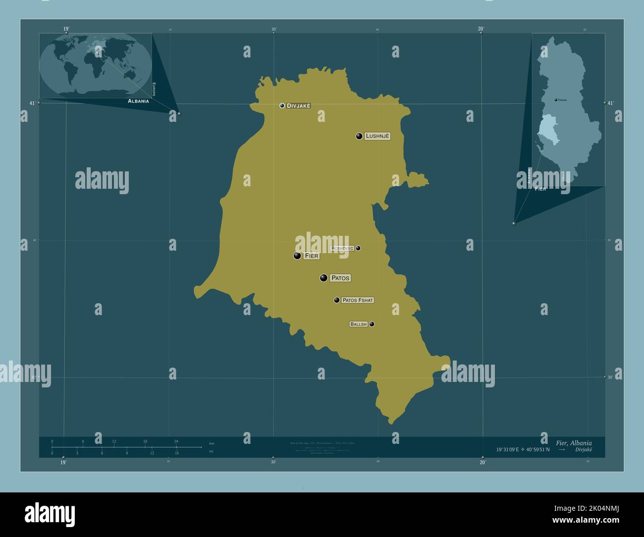 Fier, county of Albania. Solid color shape. Locations and names of ...