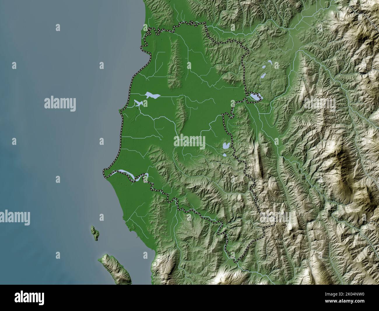 Fier, county of Albania. Elevation map colored in wiki style with lakes ...
