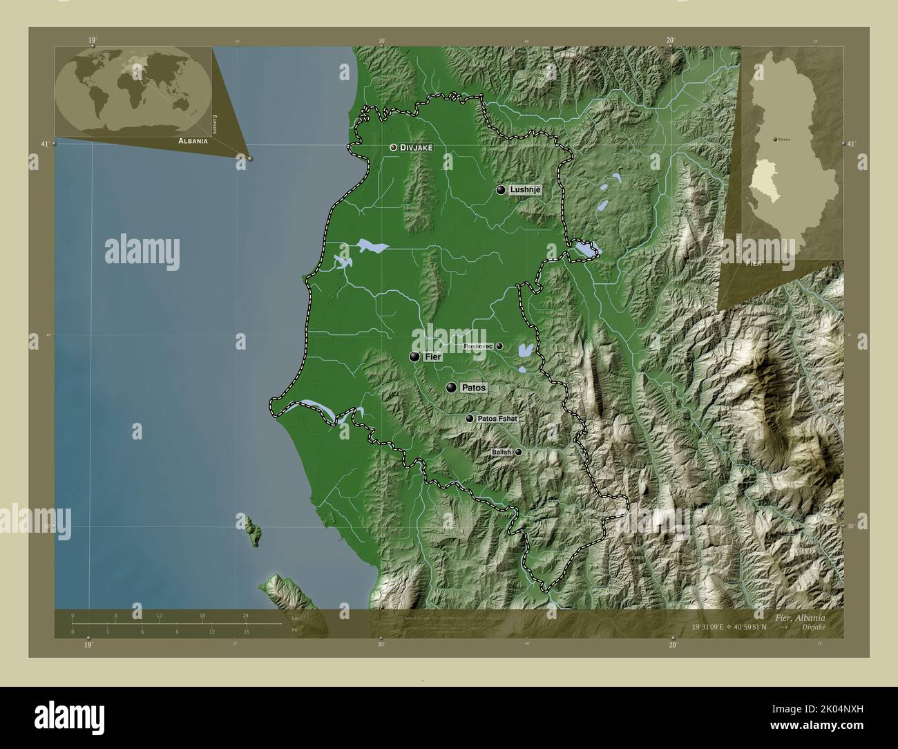 Fier, county of Albania. Elevation map colored in wiki style with lakes and rivers. Locations ...