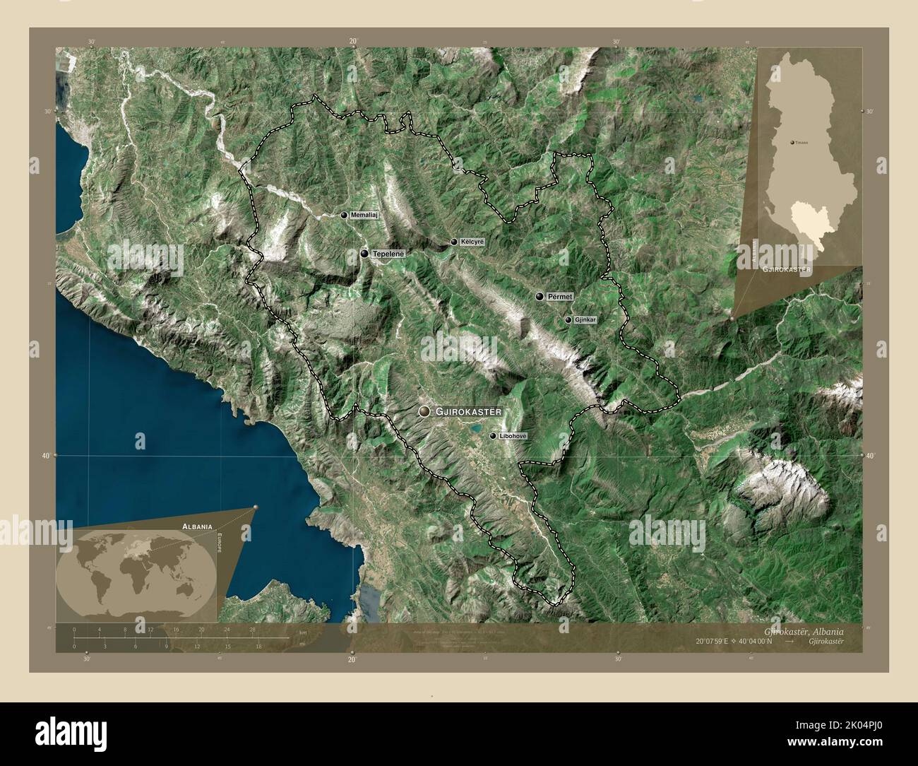 Gjirokaster, county of Albania. High resolution satellite map. Locations and names of major ...