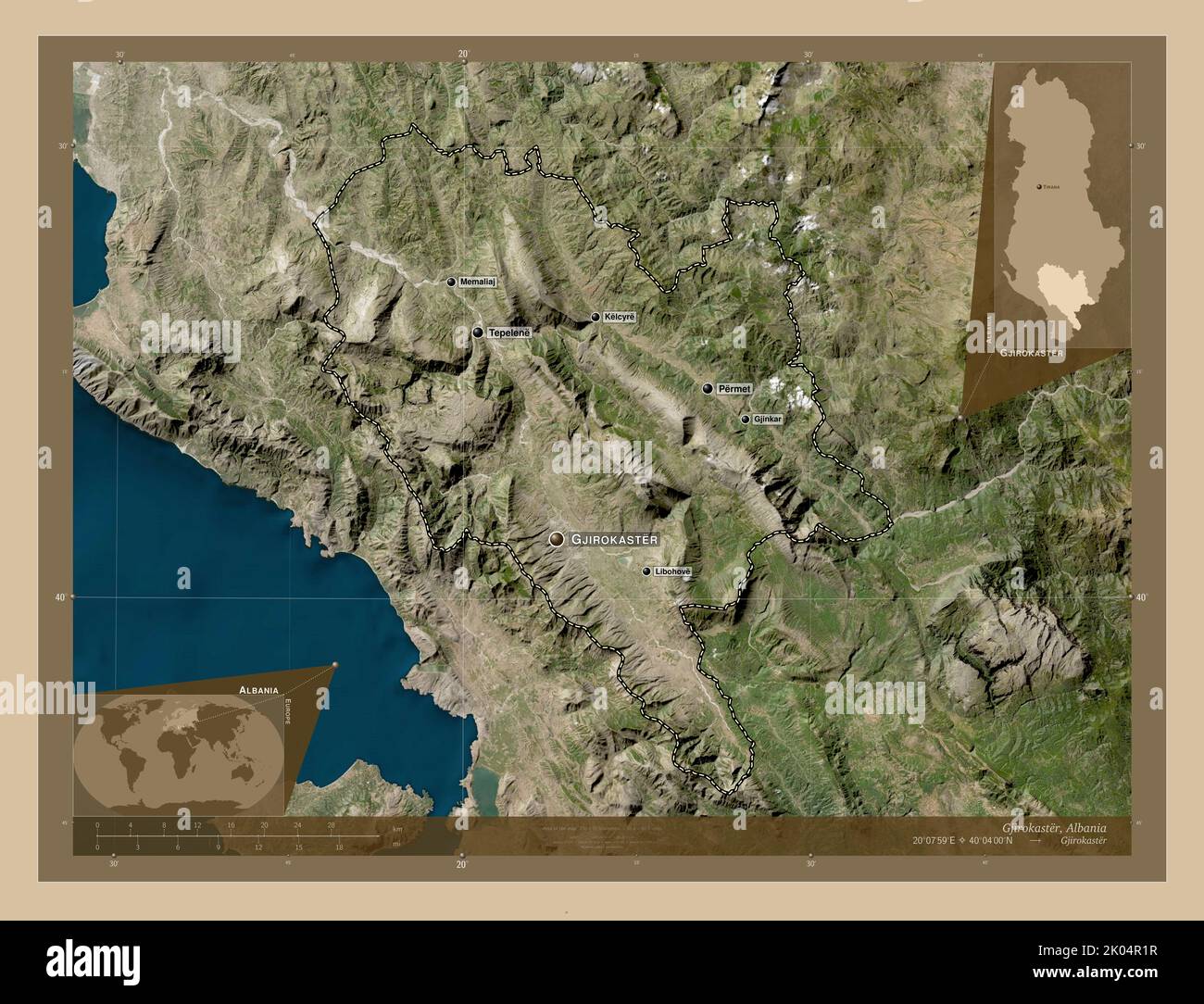 Gjirokaster, county of Albania. Low resolution satellite map. Locations and names of major ...