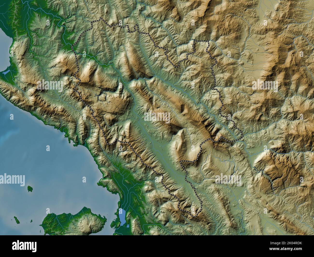 Gjirokaster, county of Albania. Colored elevation map with lakes and ...
