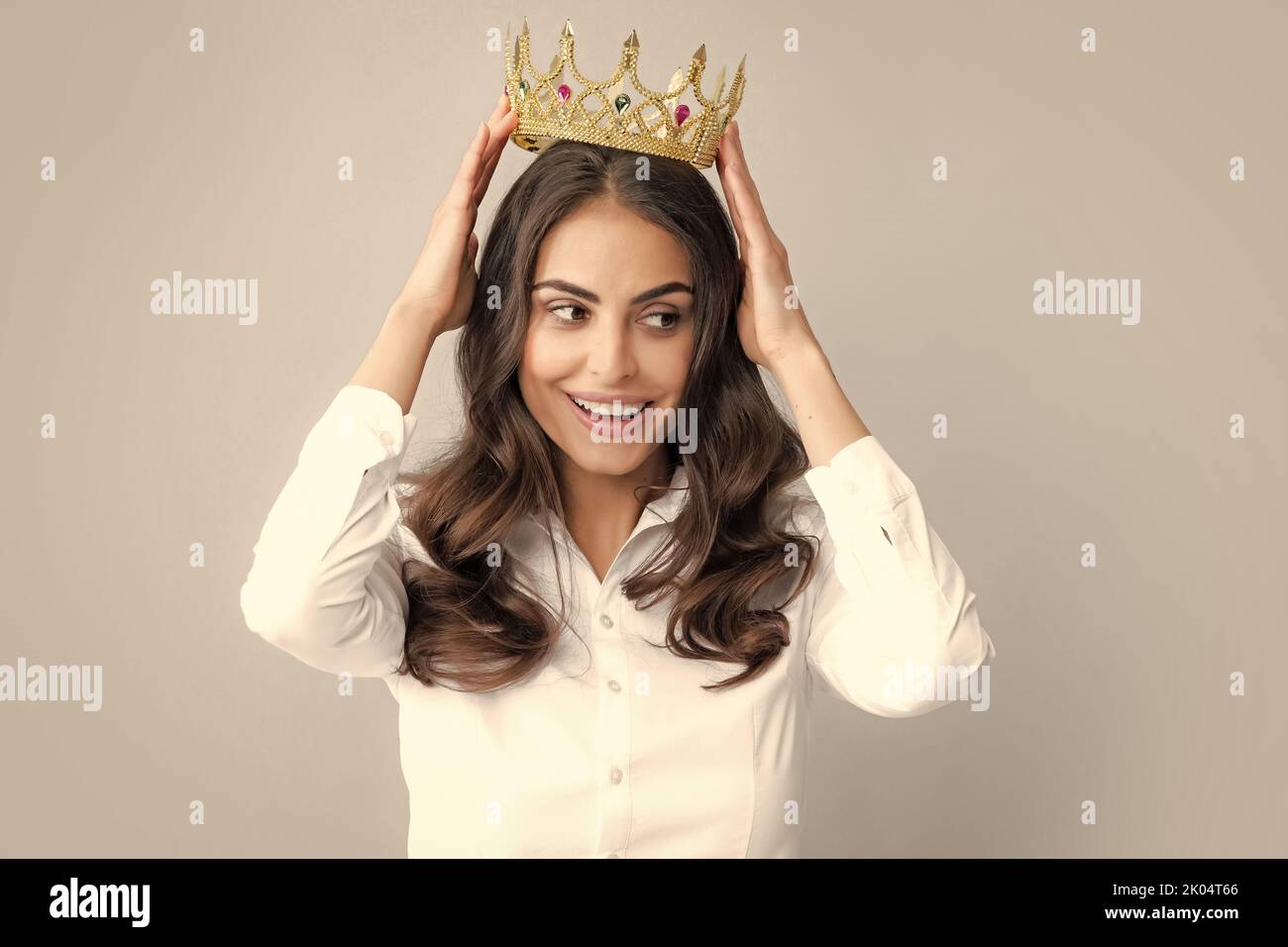Woman queen. Portrait of ambitious girl with crown, feeling princess ...