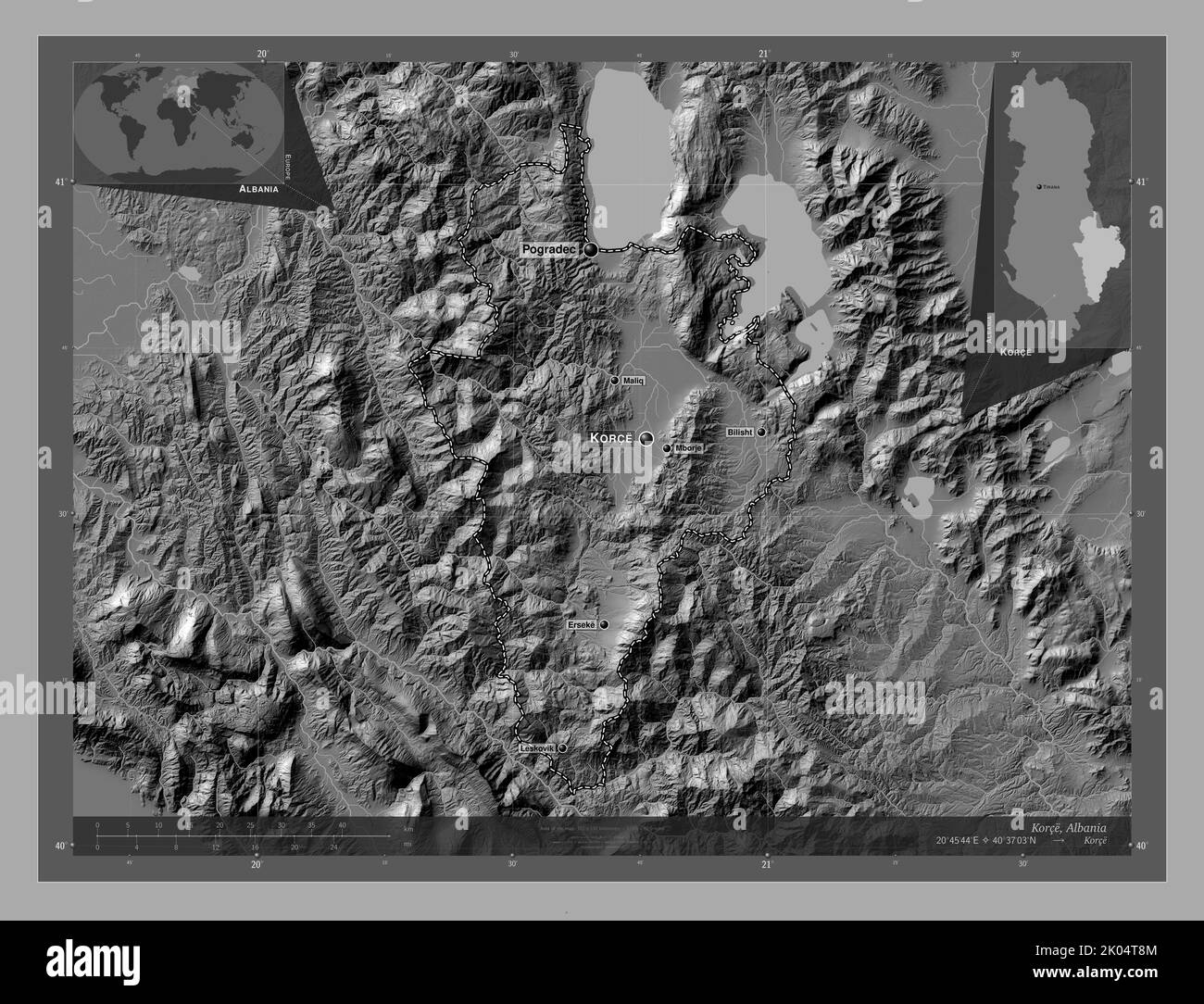 Korce, county of Albania. Bilevel elevation map with lakes and rivers ...