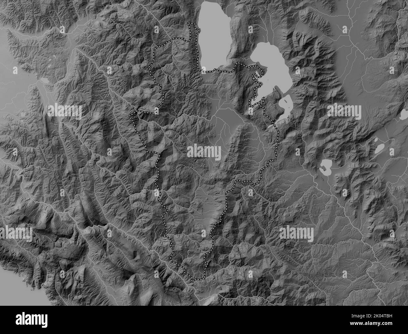 Korce, county of Albania. Grayscale elevation map with lakes and rivers ...