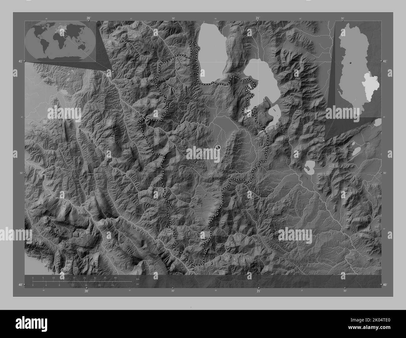 Korce, county of Albania. Grayscale elevation map with lakes and rivers ...