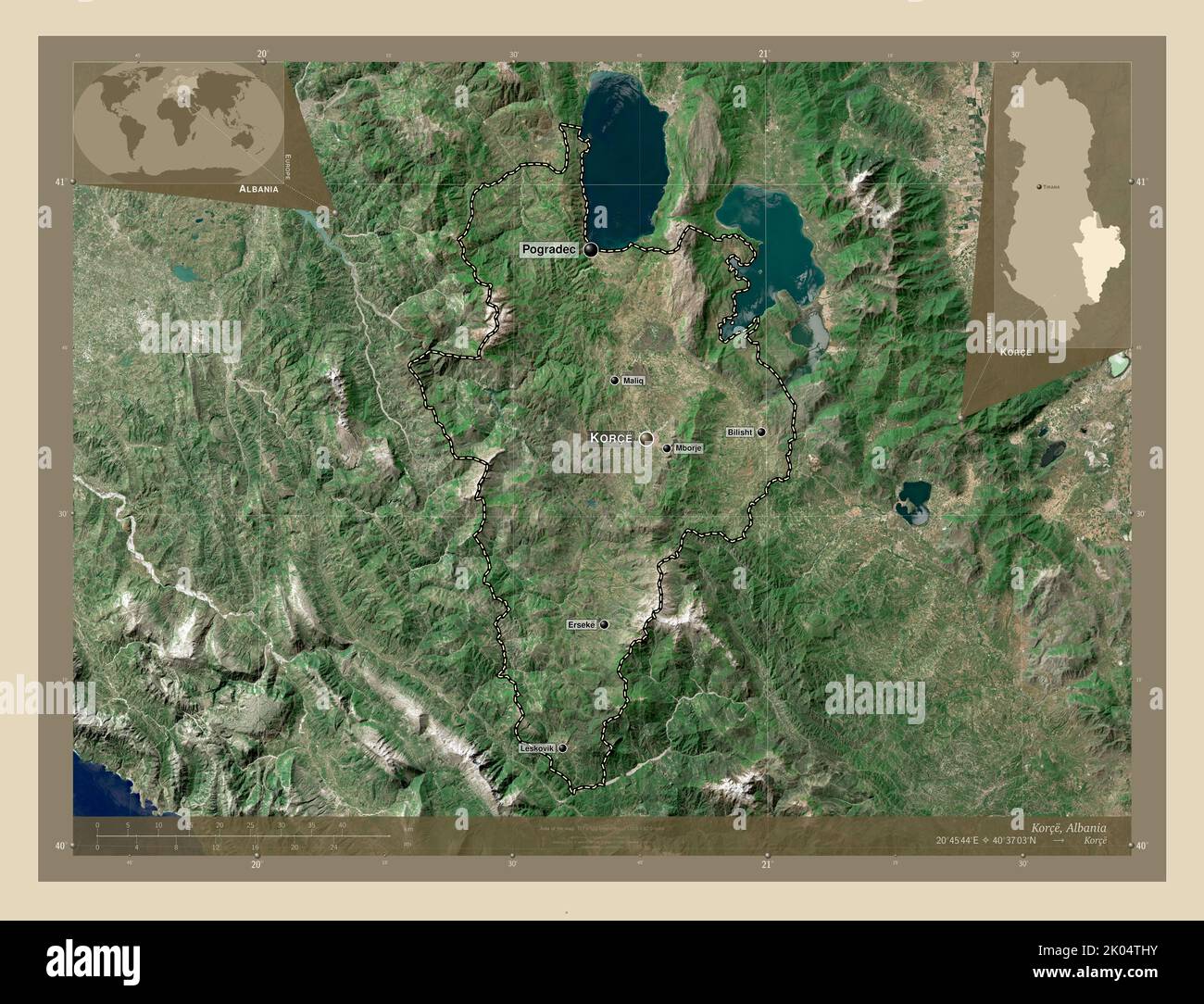 Korce, county of Albania. High resolution satellite map. Locations and names of major cities of ...