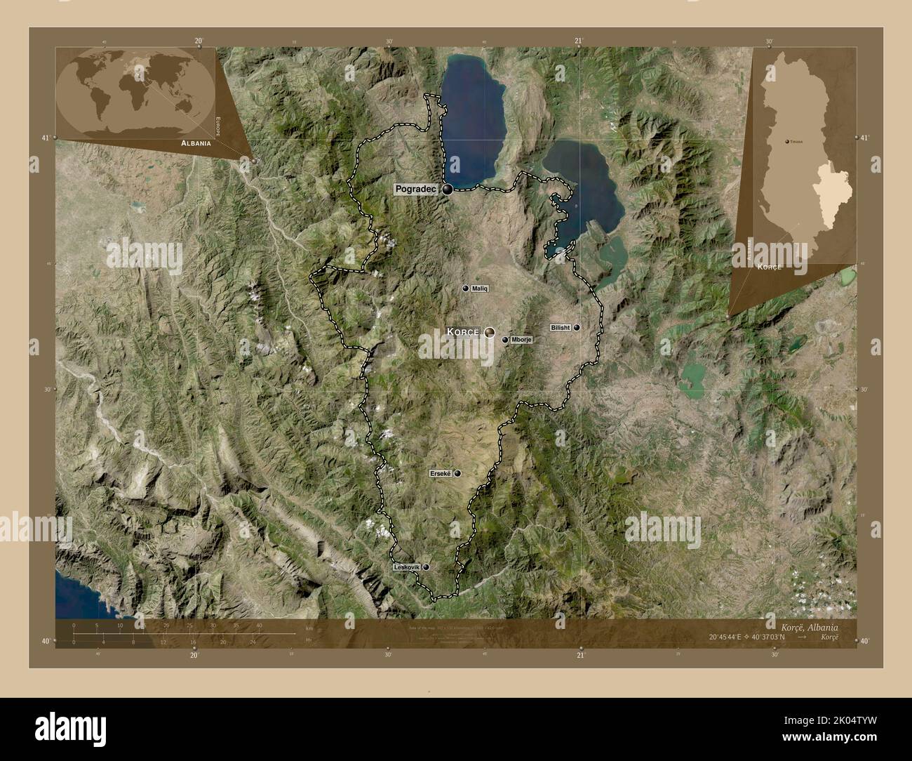 Korce, county of Albania. Low resolution satellite map. Locations and names of major cities of ...