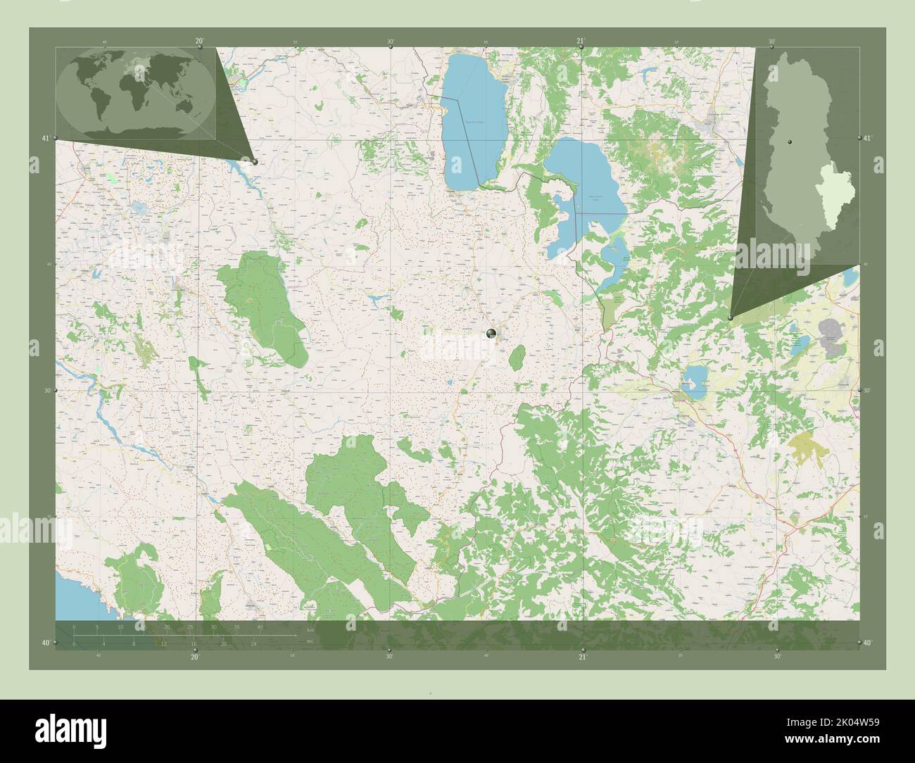 Korce, county of Albania. Open Street Map. Corner auxiliary location ...
