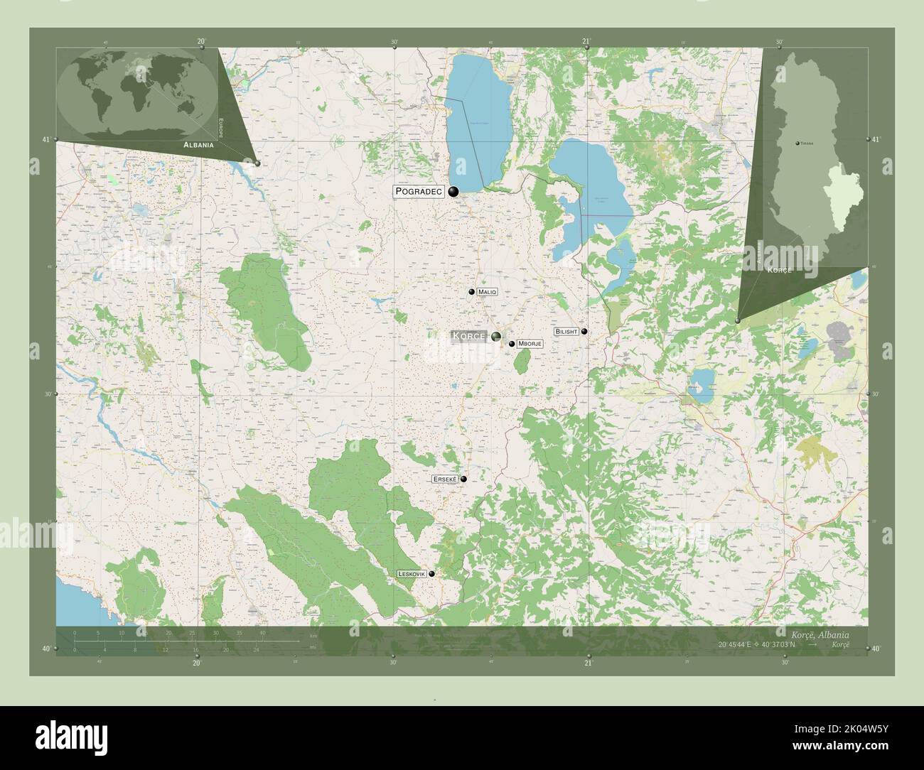Korce, county of Albania. Open Street Map. Locations and names of major ...