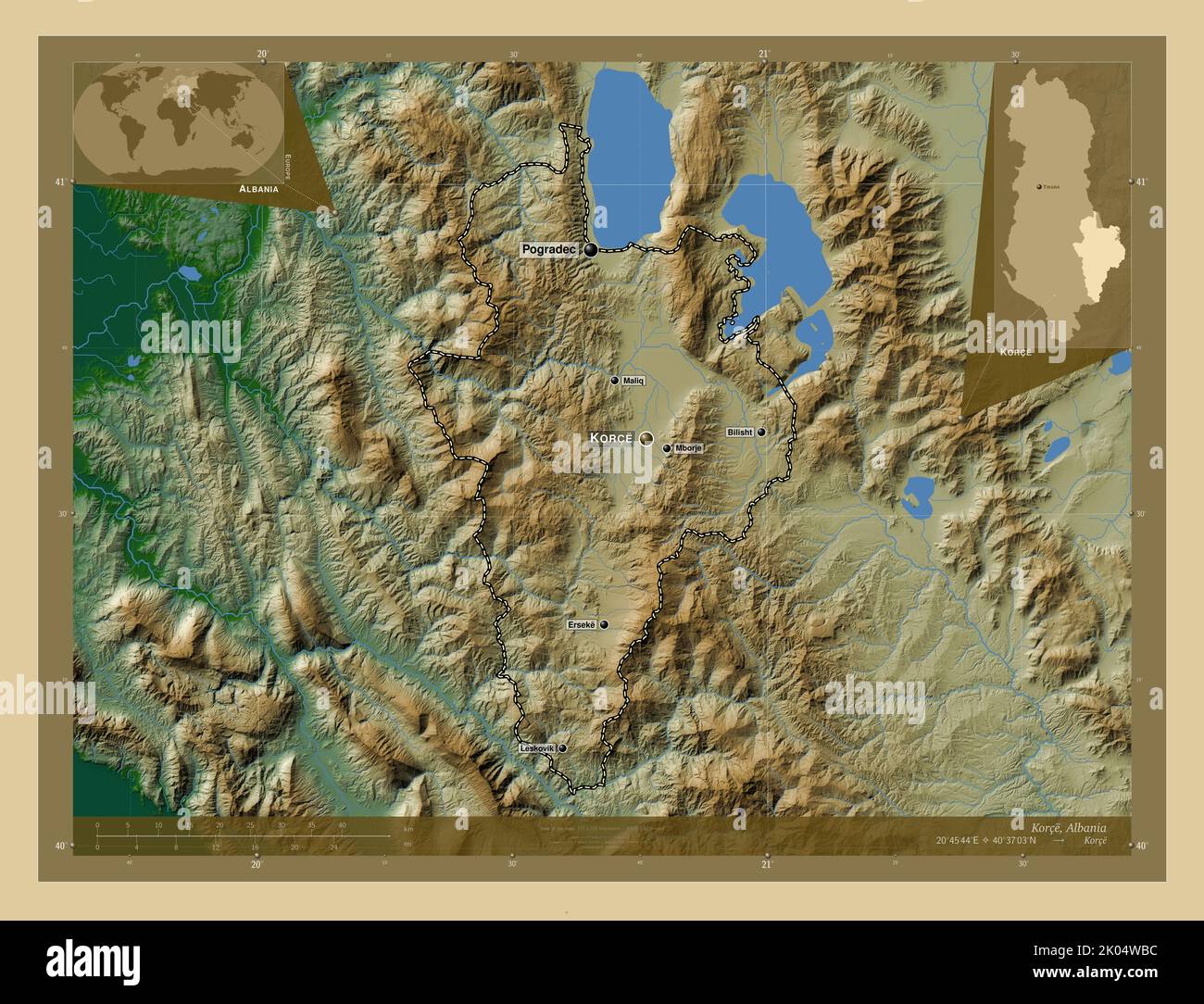 Korce, county of Albania. Colored elevation map with lakes and rivers ...