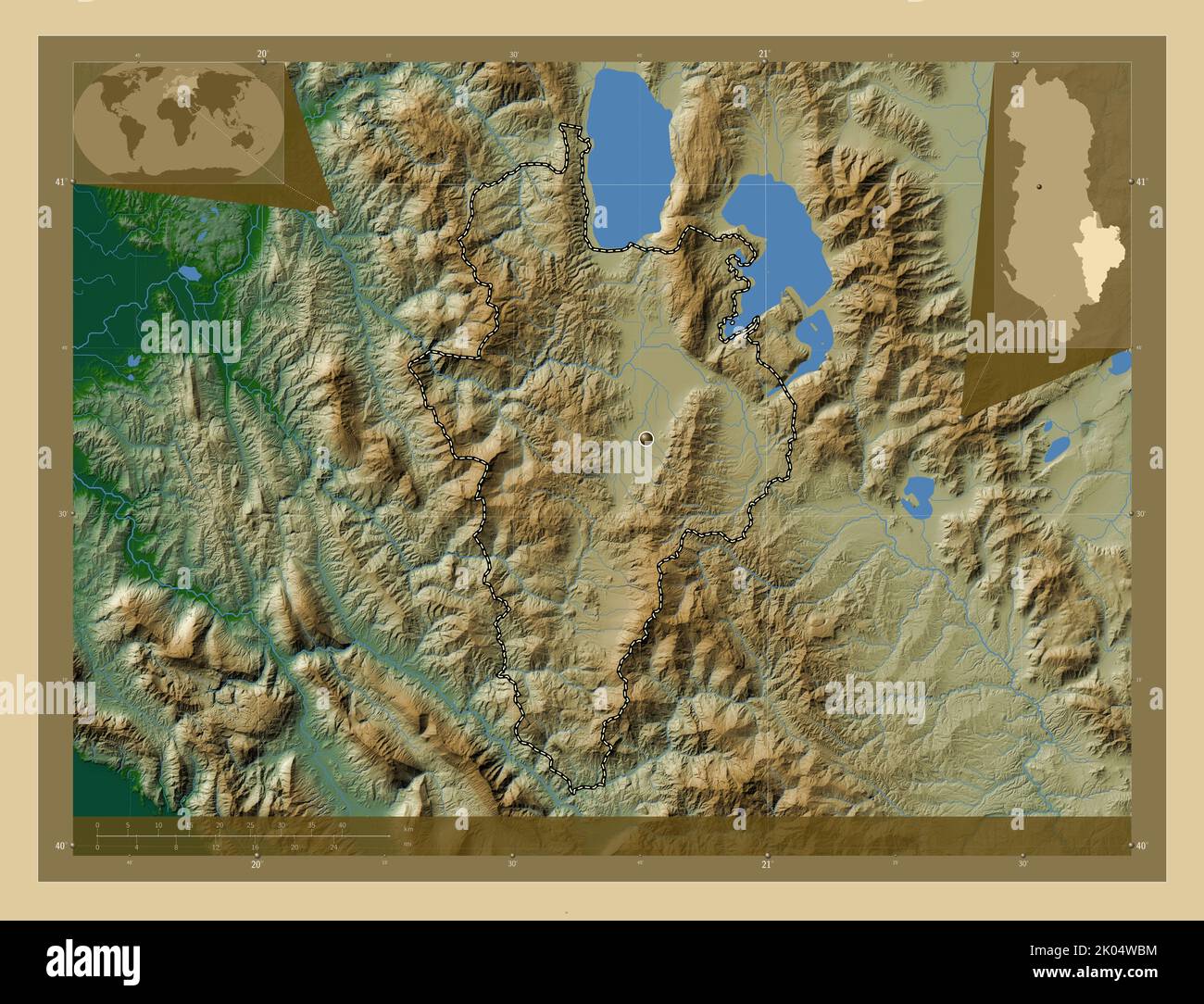 Korce, county of Albania. Colored elevation map with lakes and rivers ...