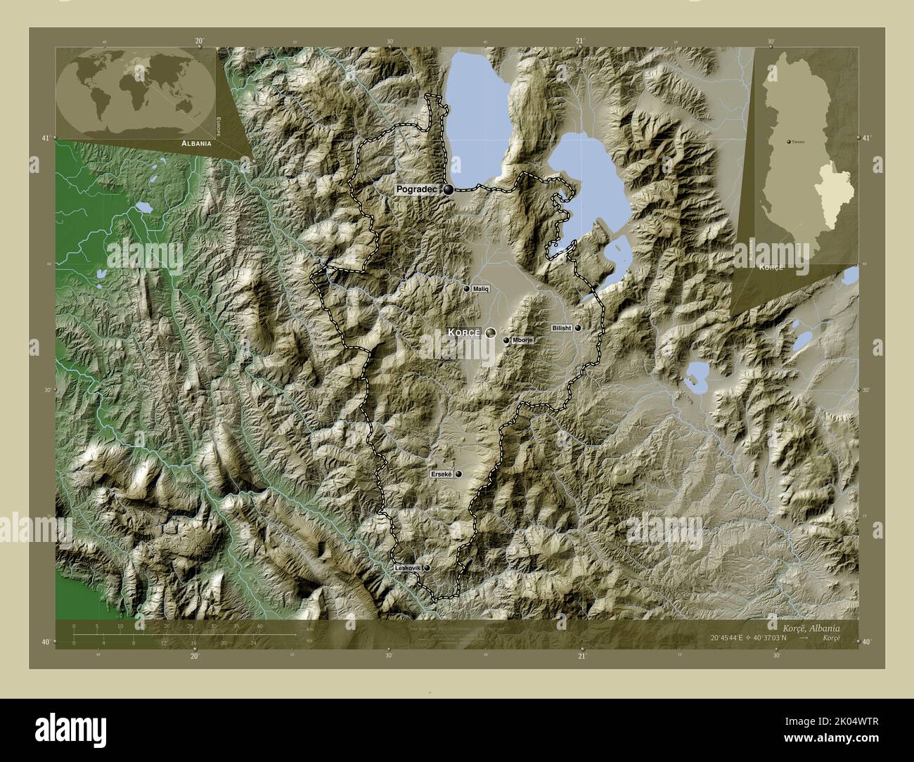 Korce, county of Albania. Elevation map colored in wiki style with ...