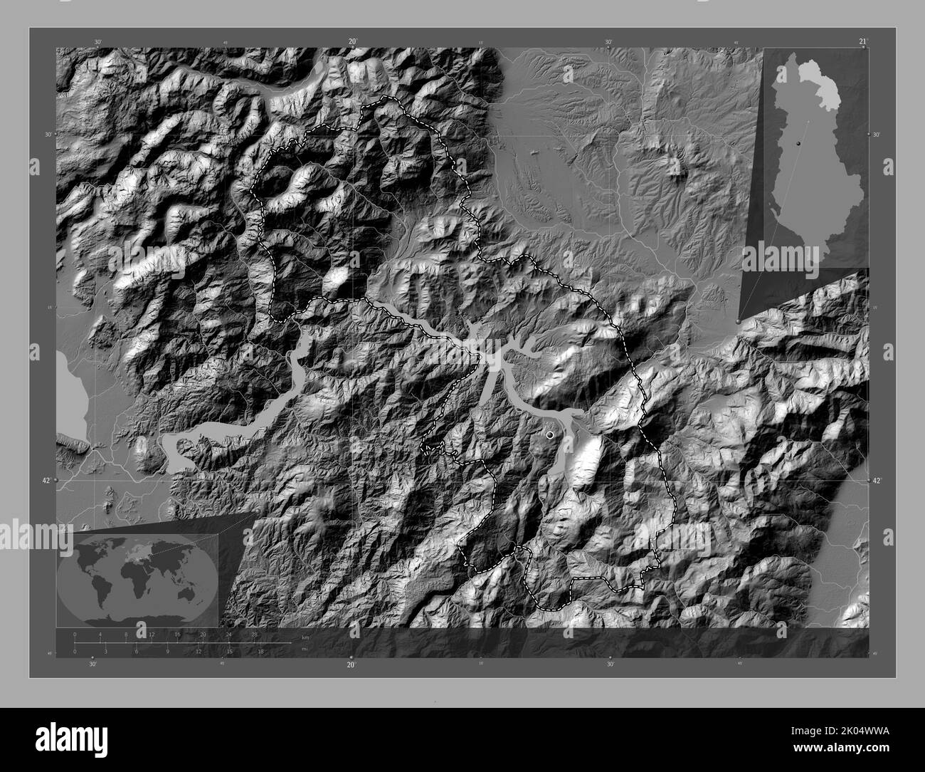 Kukes, county of Albania. Bilevel elevation map with lakes and rivers ...