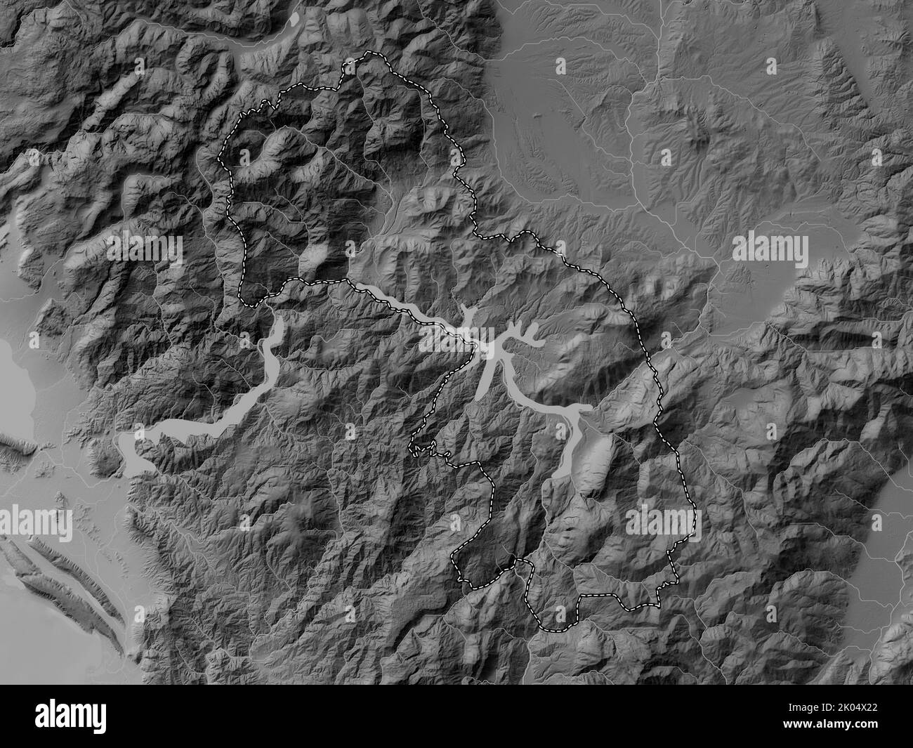 Kukes, county of Albania. Grayscale elevation map with lakes and rivers ...