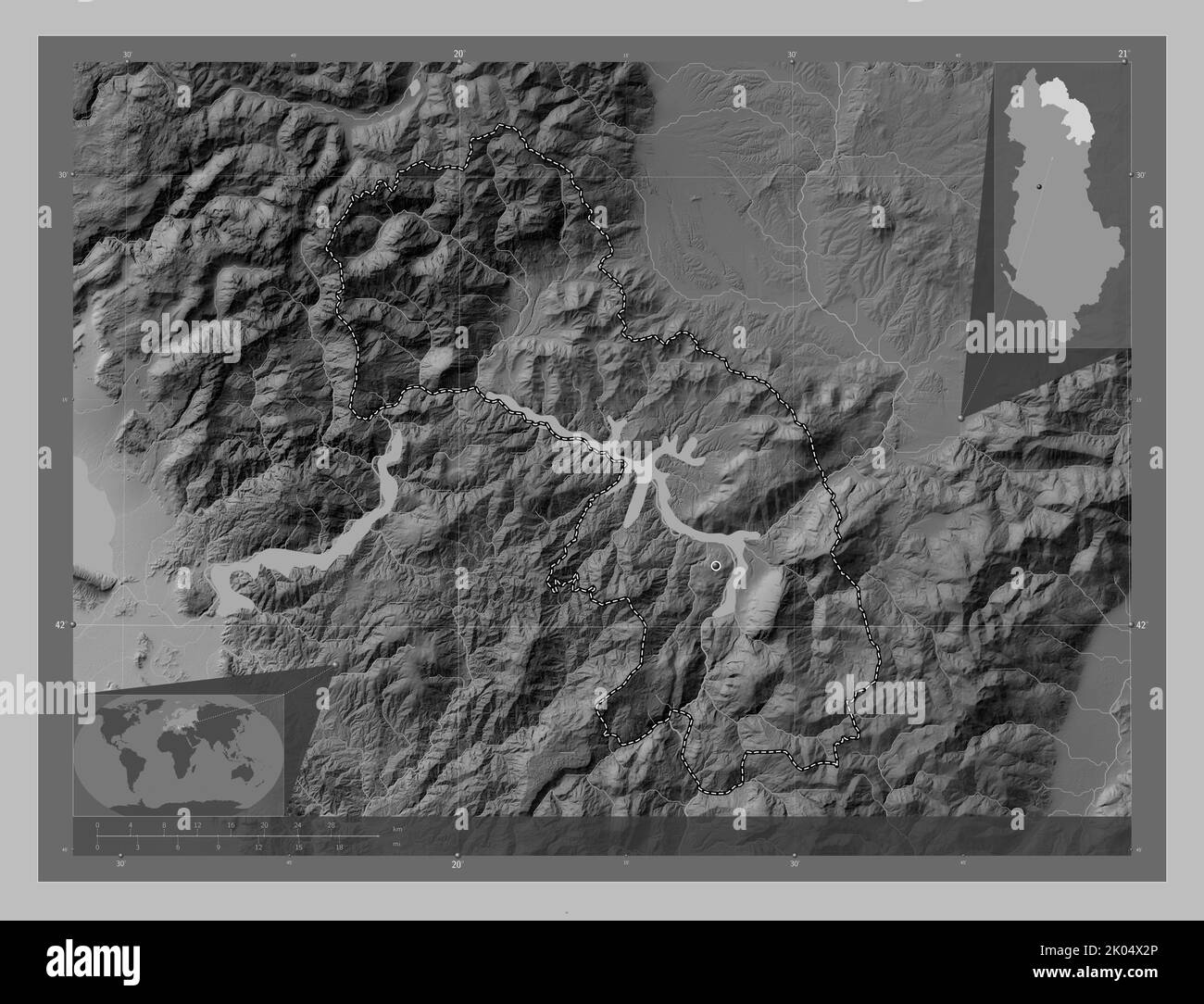 Kukes, county of Albania. Grayscale elevation map with lakes and rivers ...