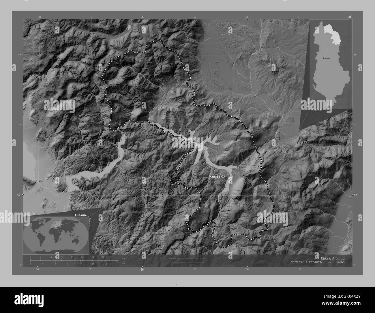 Kukes, county of Albania. Grayscale elevation map with lakes and rivers ...