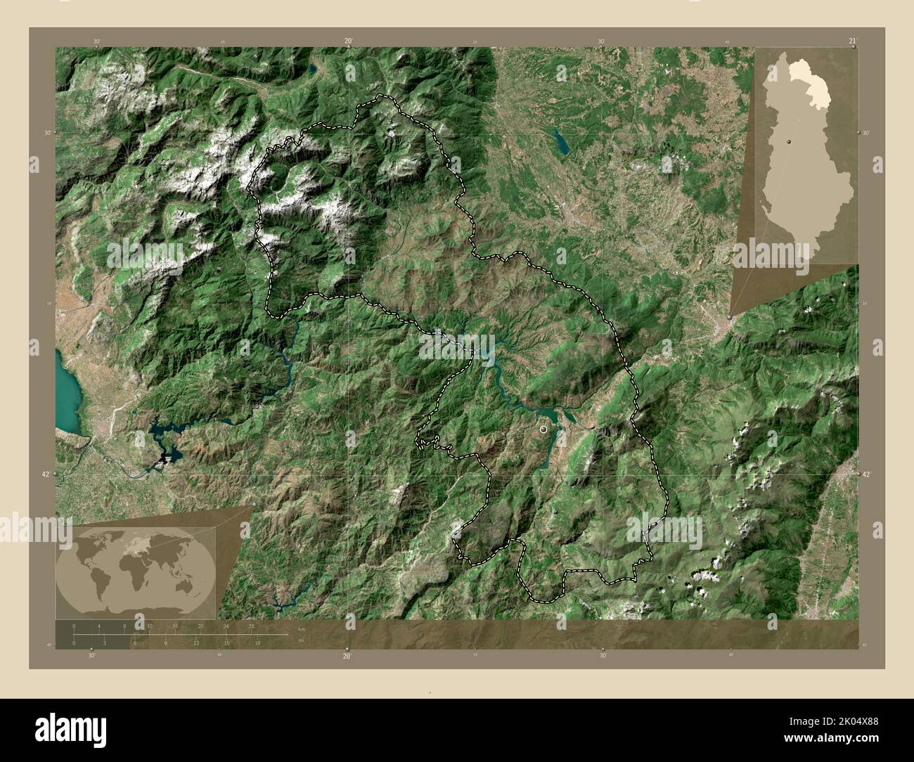 Kukes, county of Albania. High resolution satellite map. Locations of major cities of the region ...