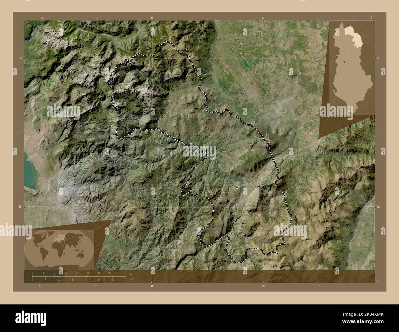 Kukes, county of Albania. Low resolution satellite map. Corner ...