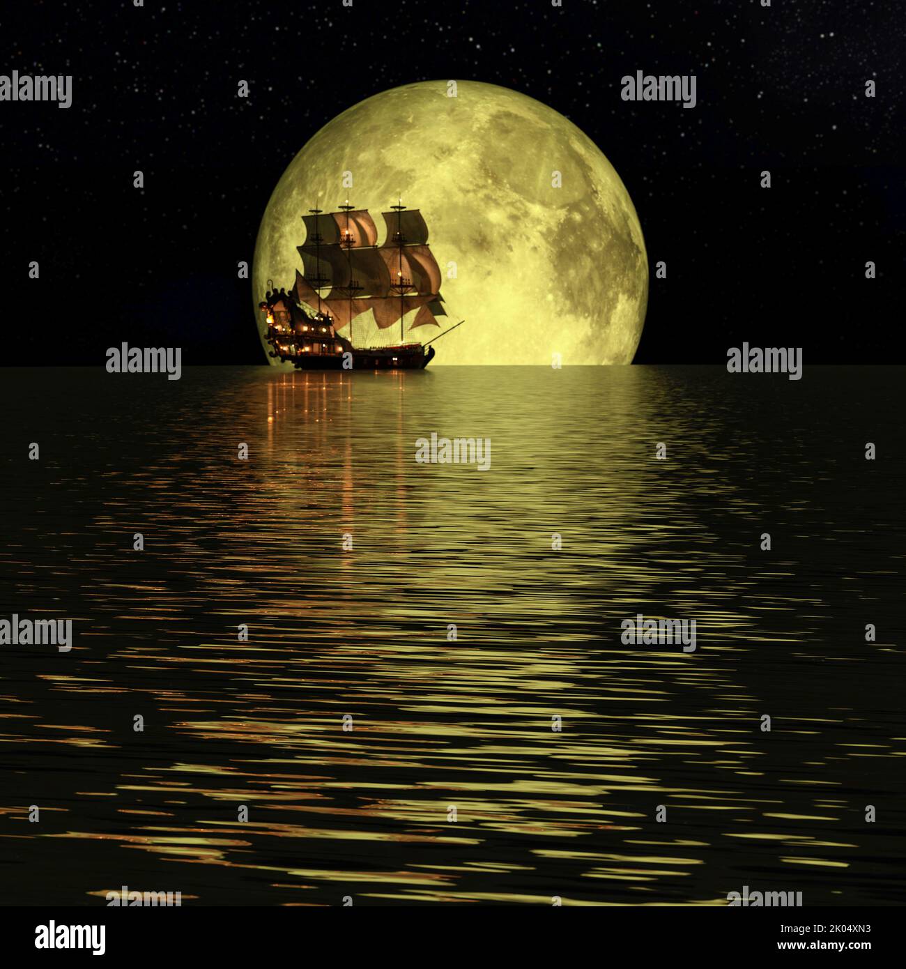 Lonely pirate sail ship in a calm ocean, full yellow moon, and stars ...