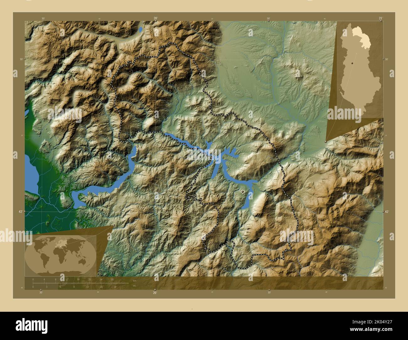 Kukes, county of Albania. Colored elevation map with lakes and rivers ...