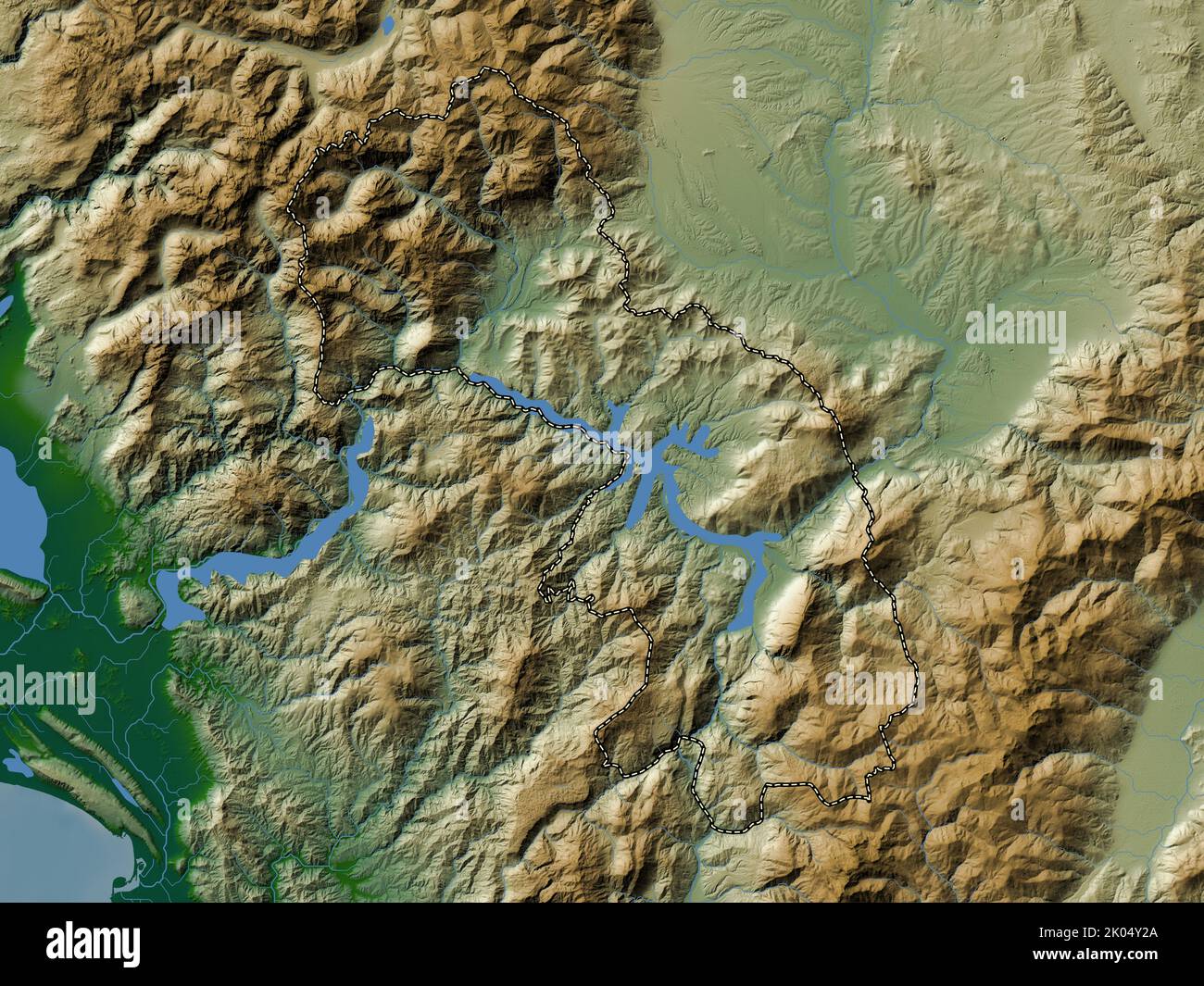 Kukes, county of Albania. Colored elevation map with lakes and rivers ...