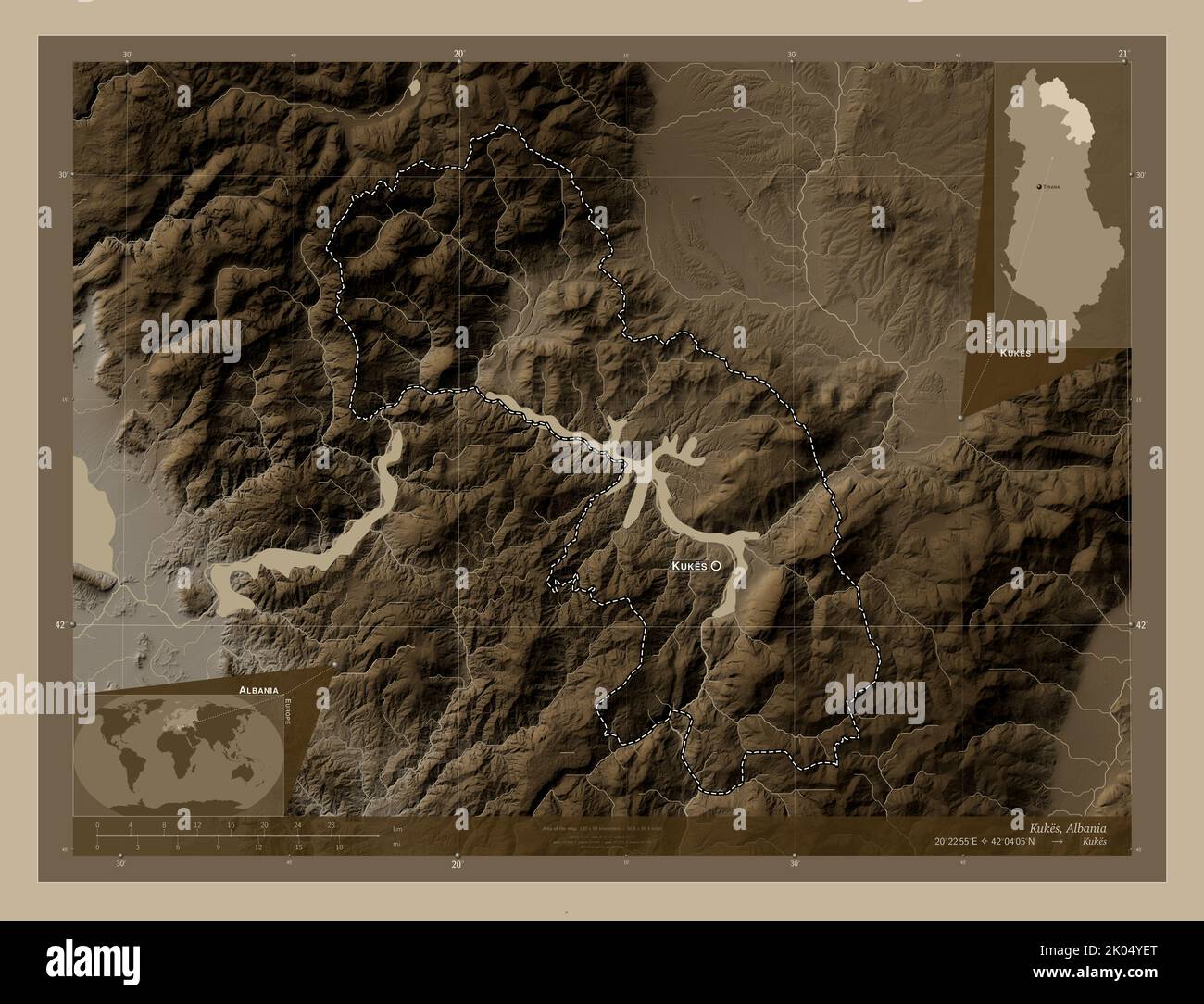 Kukes, county of Albania. Elevation map colored in sepia tones with ...