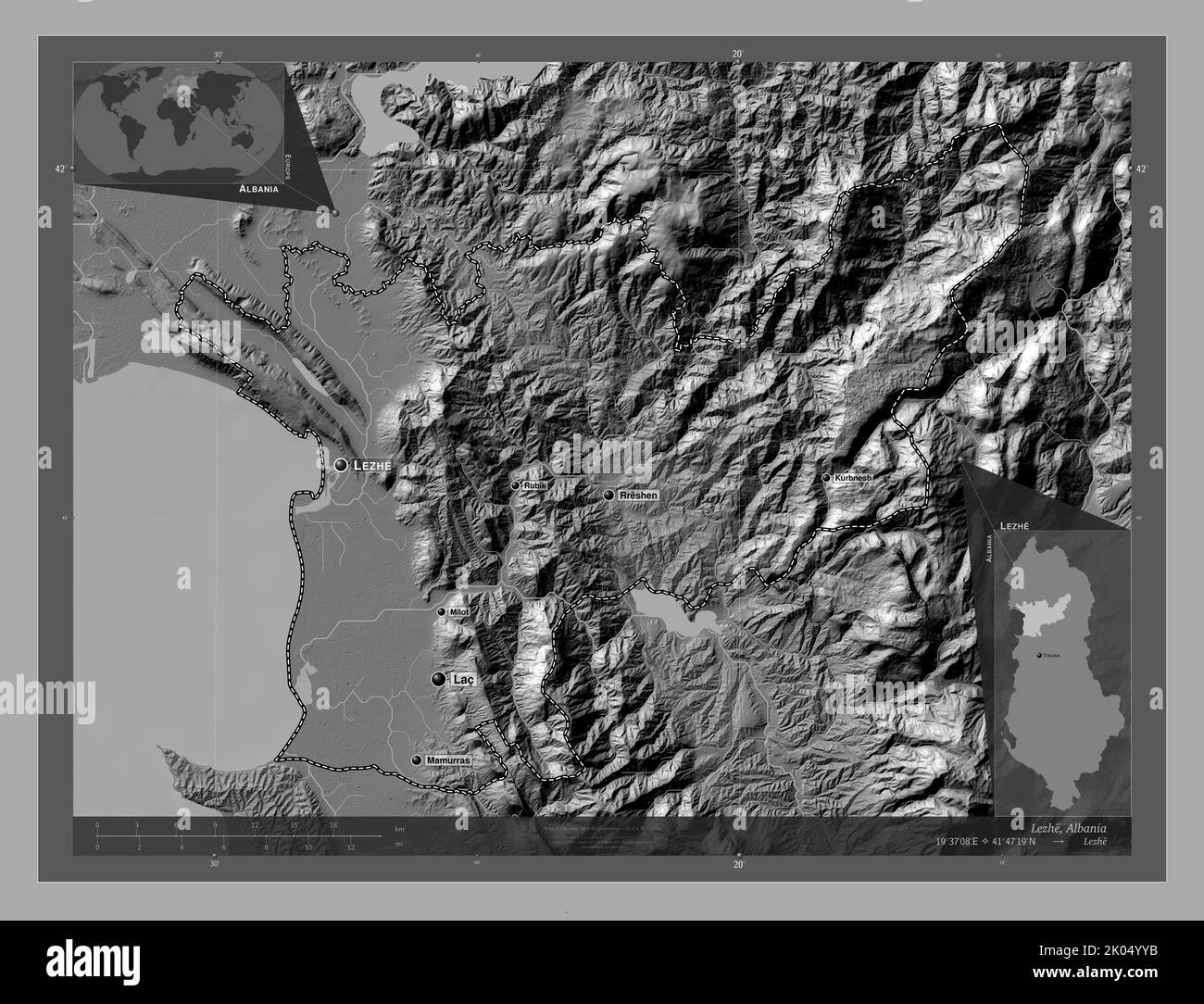 Lezhe, county of Albania. Bilevel elevation map with lakes and rivers ...