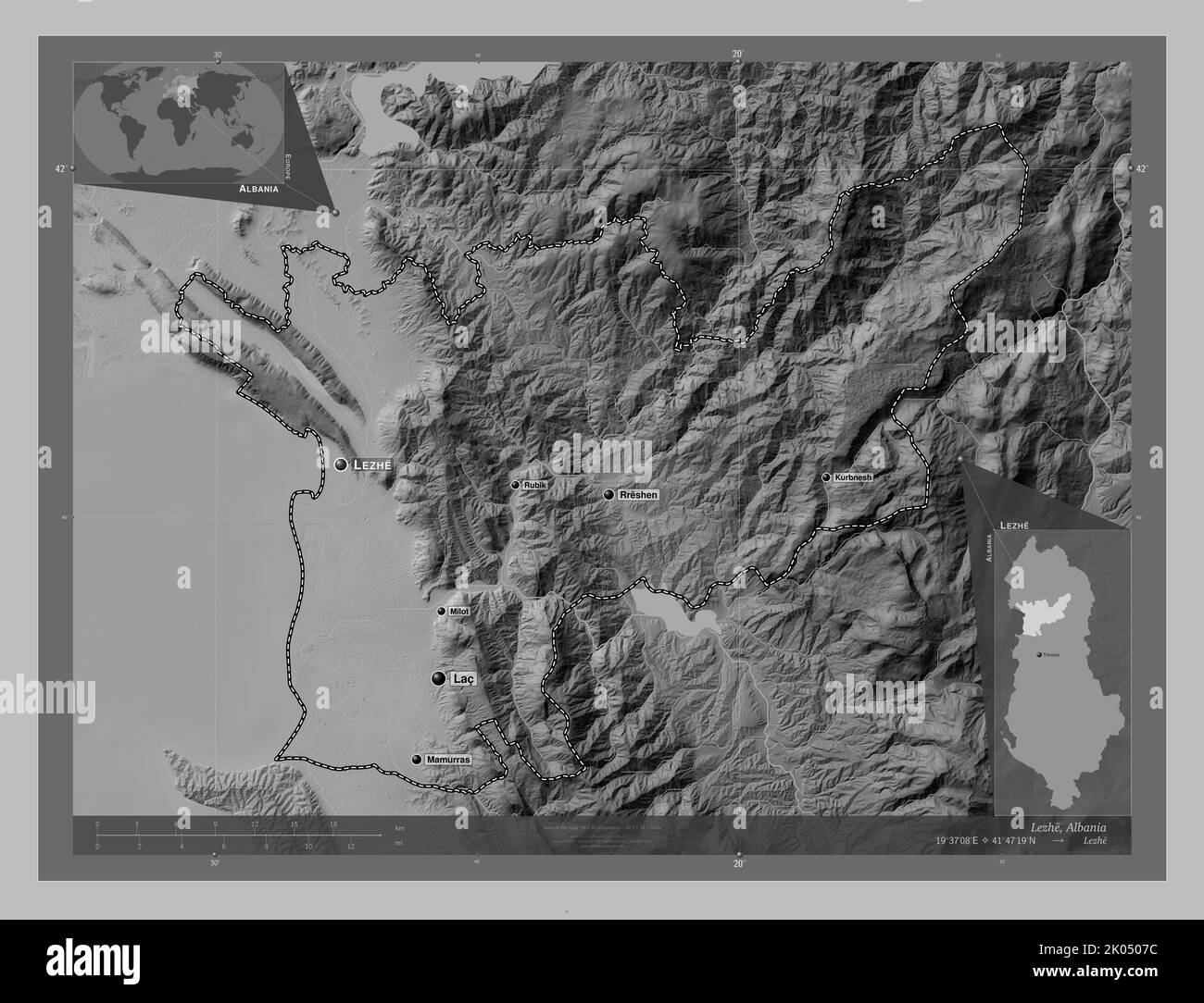 Lezhe, county of Albania. Grayscale elevation map with lakes and rivers ...