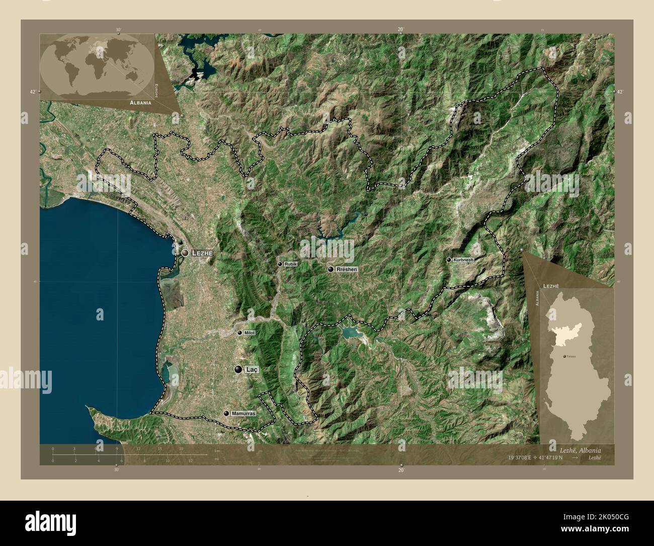 Lezhe, county of Albania. High resolution satellite map. Locations and names of major cities of ...