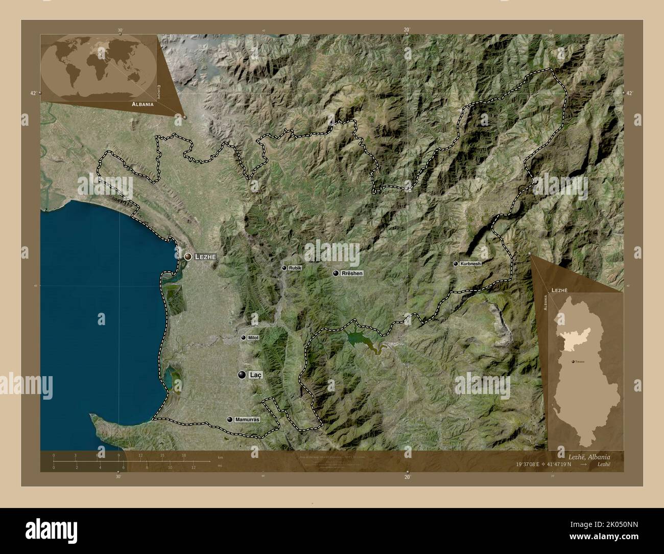 Lezhe, county of Albania. Low resolution satellite map. Locations and names of major cities of ...