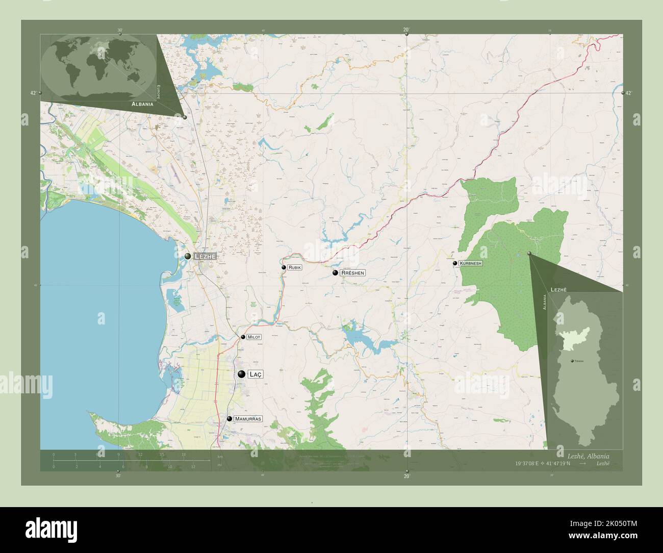 Lezhe, county of Albania. Open Street Map. Locations and names of major ...