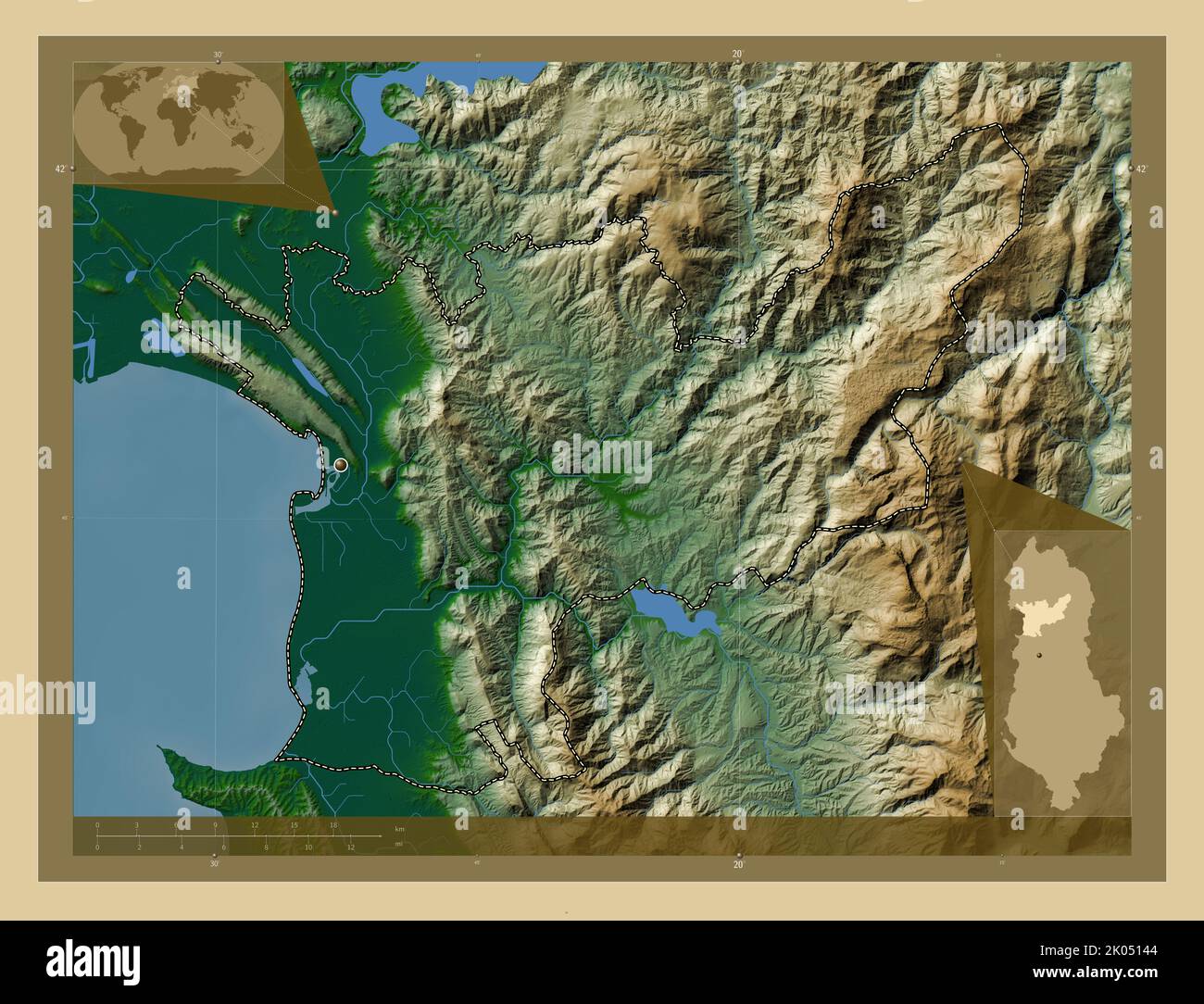 Lezhe, county of Albania. Colored elevation map with lakes and rivers ...