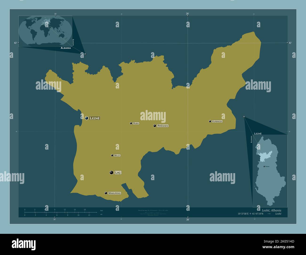 Lezhe, county of Albania. Solid color shape. Locations and names of ...