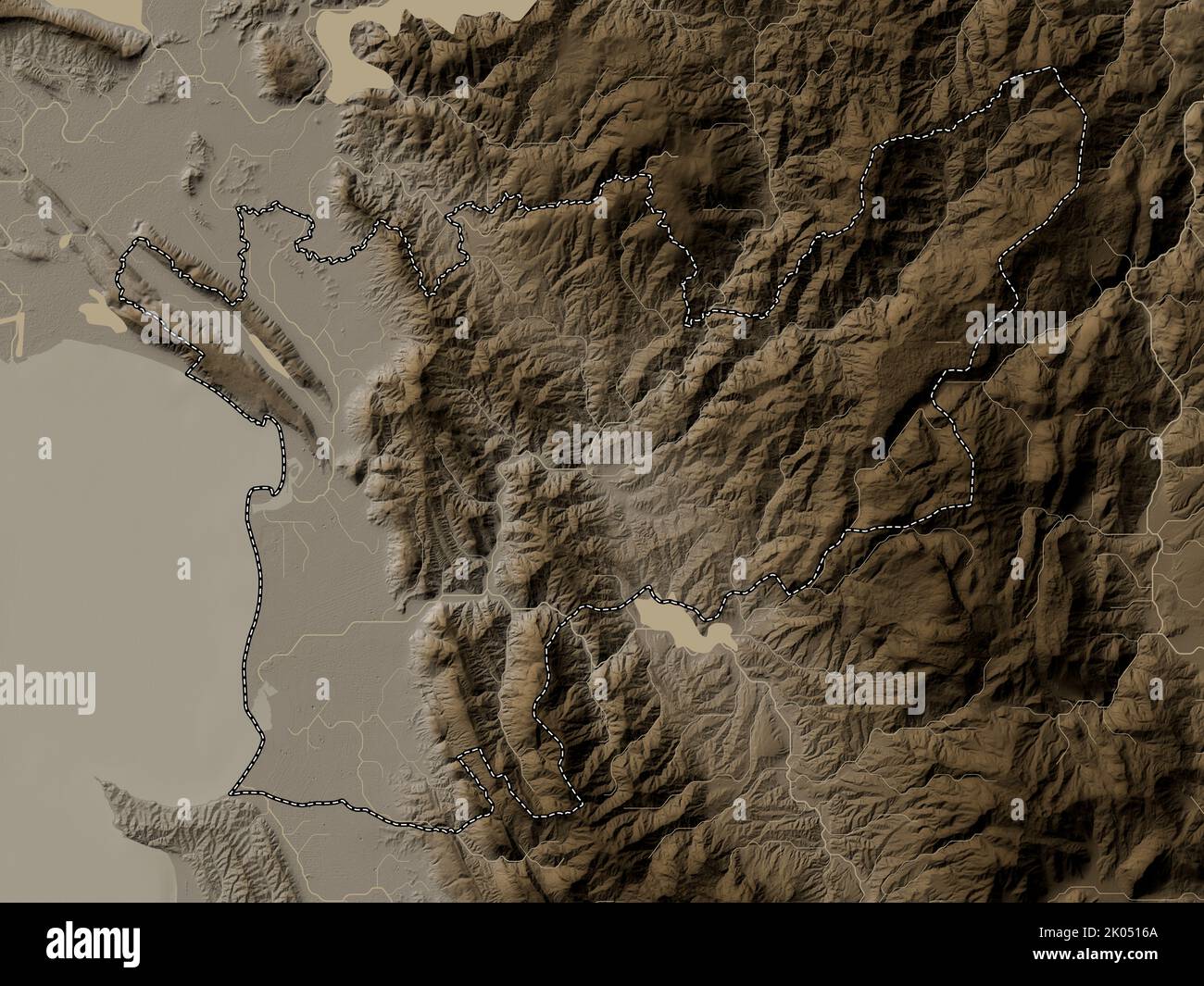 Lezhe, county of Albania. Elevation map colored in sepia tones with ...