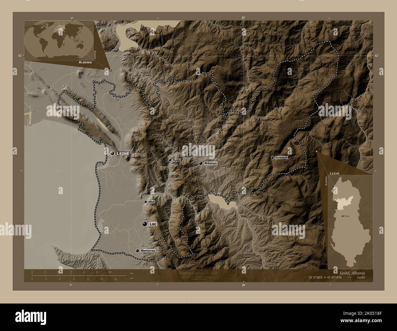 Lezhe, county of Albania. Elevation map colored in sepia tones with ...