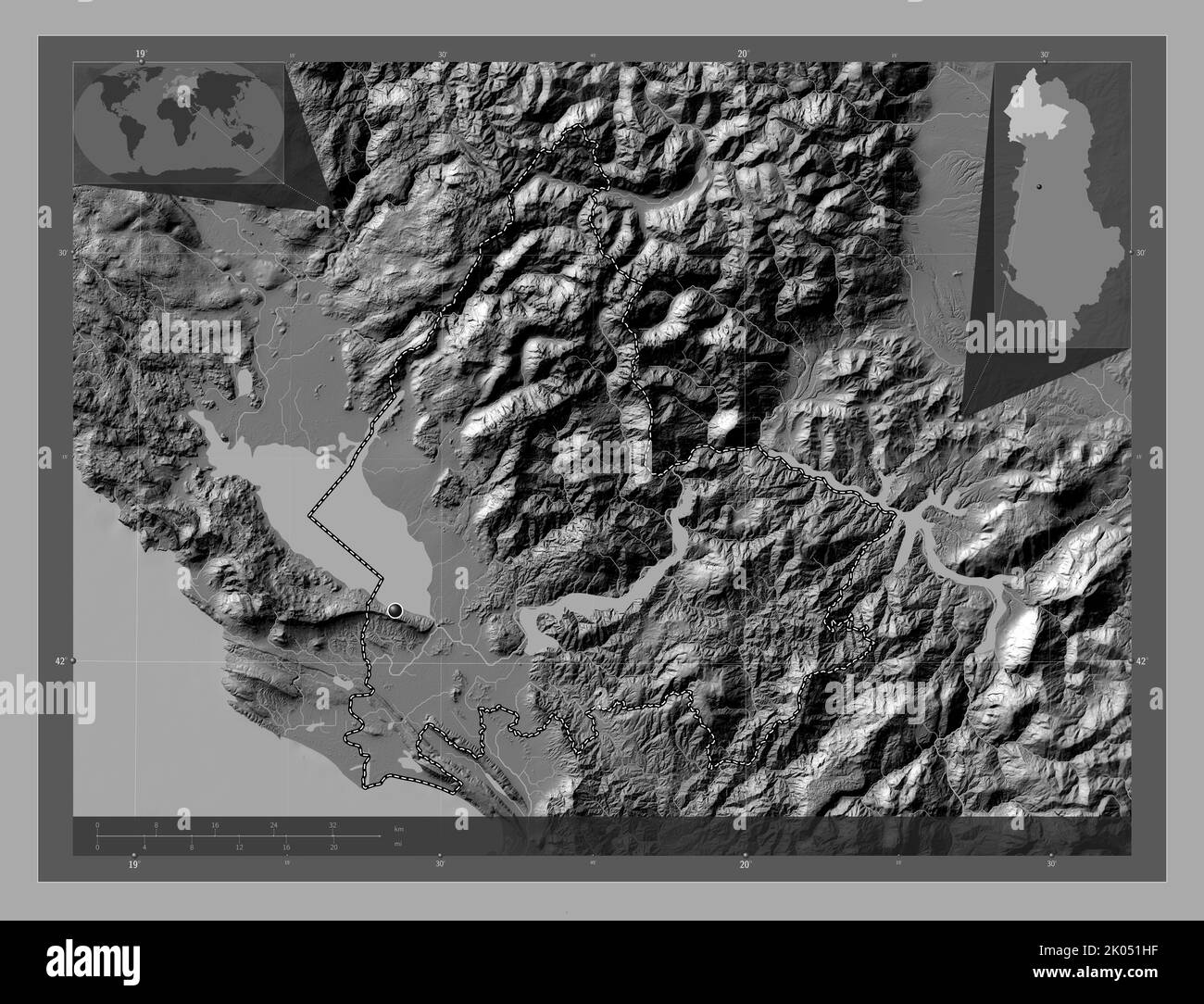 Shkoder, county of Albania. Bilevel elevation map with lakes and rivers ...