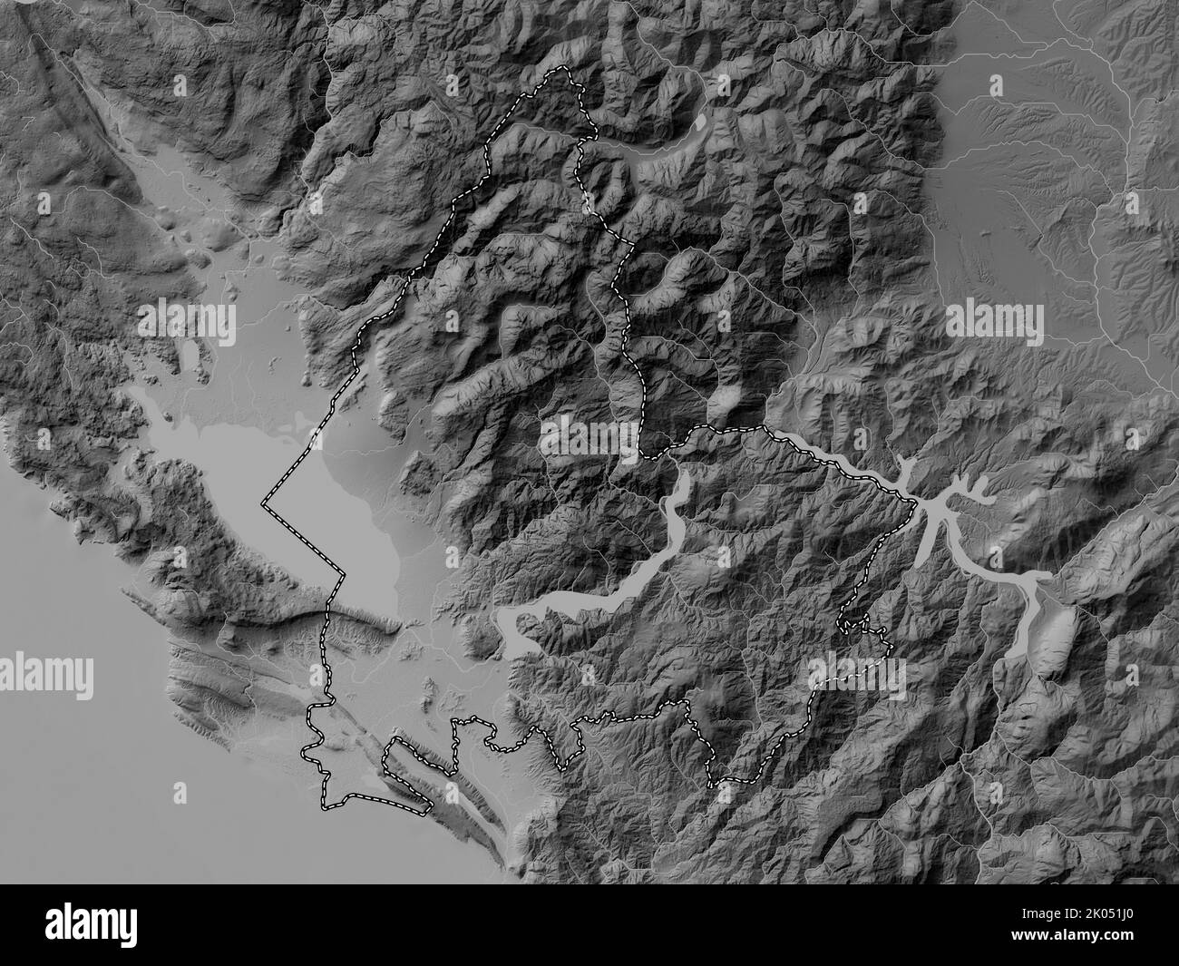 Shkoder, county of Albania. Grayscale elevation map with lakes and ...